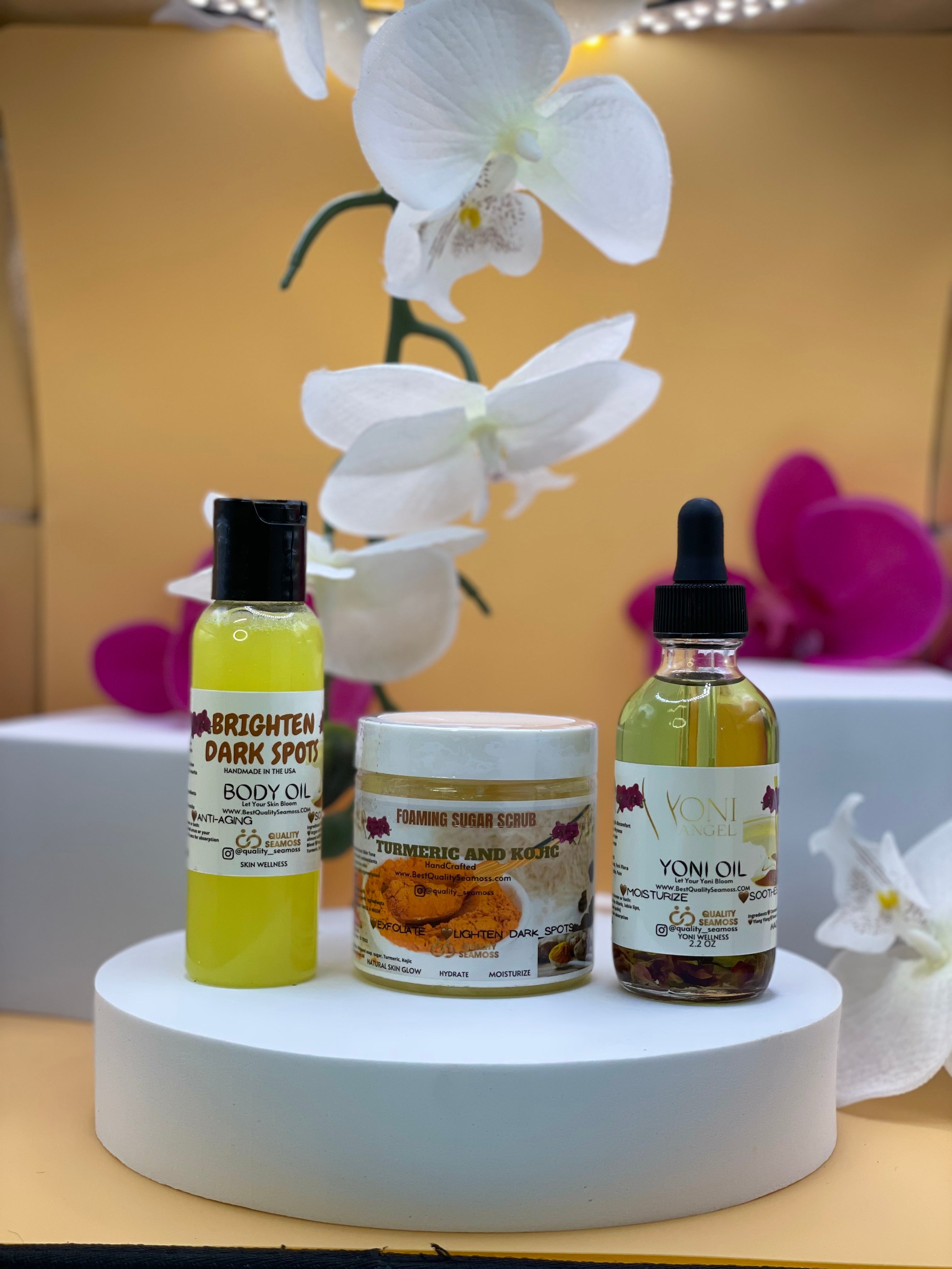 Turmeric-Kojic Acid Oil (2oz) + Yoni Oil (1oz)+ Turmeric-Kojic Sugar S ...